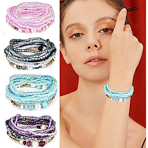 FINZOR 8 Sets Bohemian Stackable Bead Bracelets for Women Bohemian Bracelets Stretch Multi Layered beads Bracelet Set Boho Multicolor Jewelry