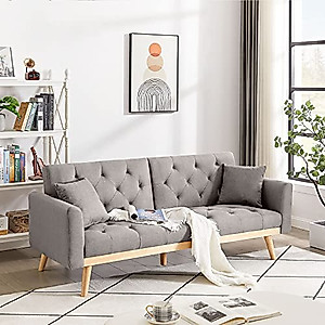 Recaceik Futon Sofa Bed, Convertible Bed Sectional Couch with Two Pillows & Adjustable Backrest, Folding Loveseat Sleeper Sofa Bed with Removable Armrests Linen Fabric Futon Couches for Living Room