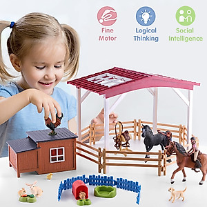 iPlay, iLearn Kids Farm Animal Barn House Toy, Girl Horse Stable Figurine Fence Playset, Country World Farmhouses, Barnyard Chicken Coop Rabbit Puppy Figure, Birthday Gift Age 3 4 5 7 8 6-12 Boy Child