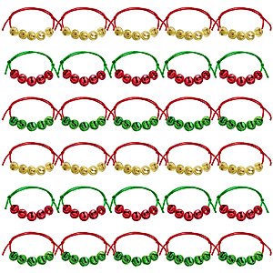 mifengda 30 Pieces Christmas Jingle Bell Bracelets Adjustable Jingle Bell Wrist Band Green Red and Gold Metal Bells Bracelets for Christmas Party Gift