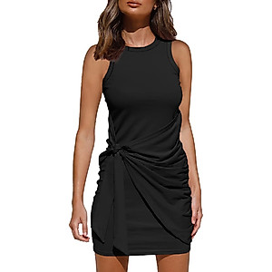 LILLUSORY Women Summer Tie Wrap Tank Short Mini Tshirt Dresses 2025 Trendy Spring Sun Vacation Outfits Casual Work Cute Bodycon Ruched Little T Shirt Sundress Clothes Black L