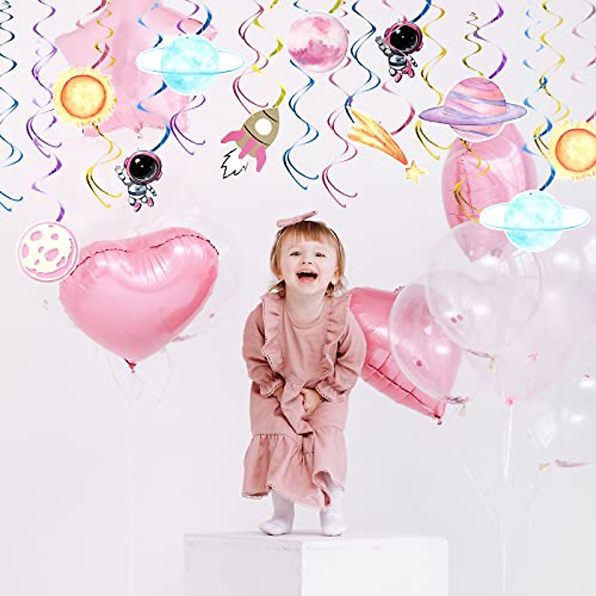 30 Pcs Solar System Whirls Outer Space Hanging Swirl Space Themed Party Supplies Planet Rocket Astronaut Sign Foil Swirls Ceiling Decoration for Boy Girl Kids Baby Shower Outer Space Party Decorations