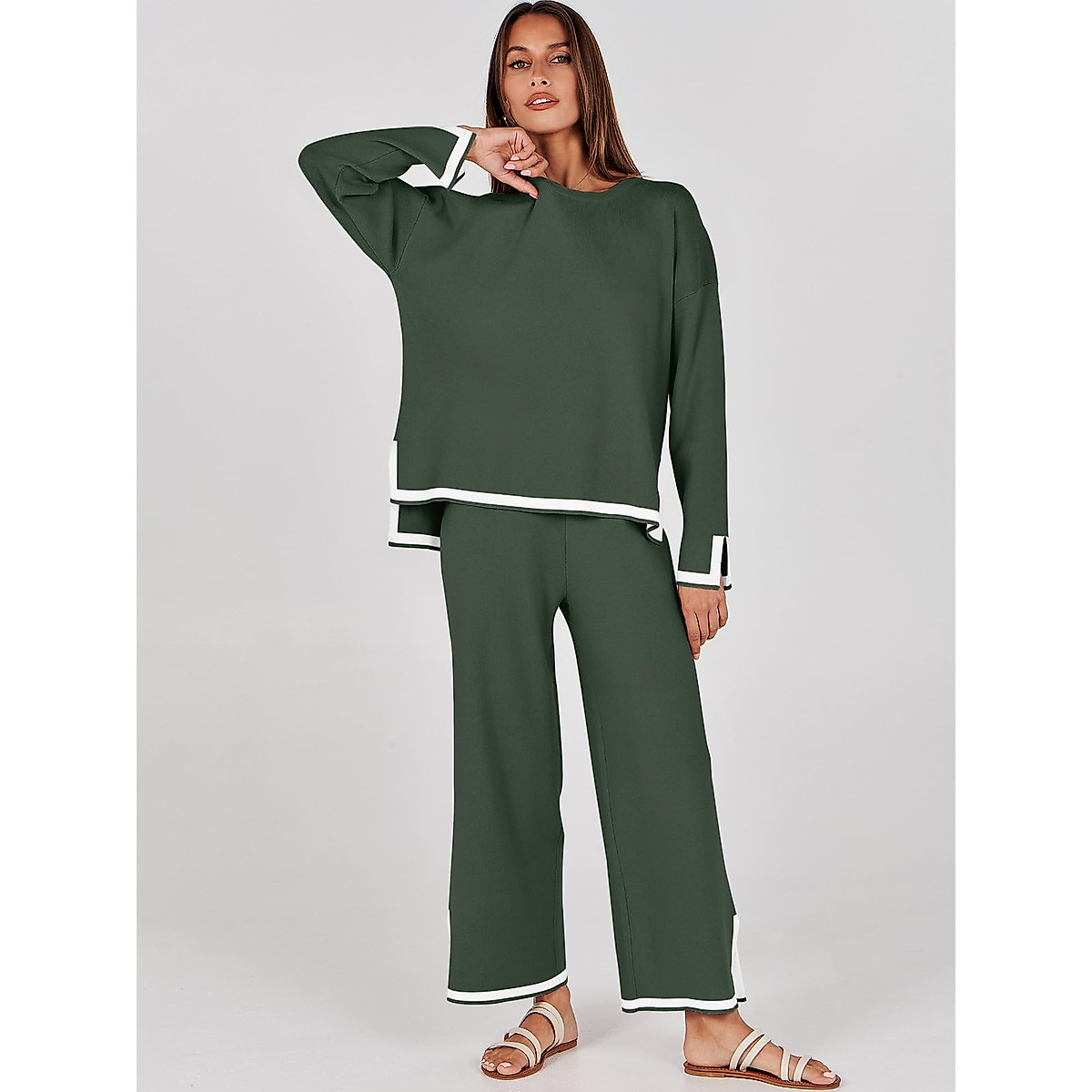 ANRABESS Women's Two Piece Outfits Long Sleeve Knit Pullover Sweater Tops & Wide leg Pants Casual Lounge Matching Sweatsuit Tracksuits Sets Army Green Large