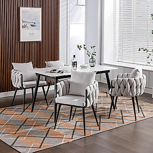 Gecheer Pure Ivory Modern Velvet Dining Chairs Set of 2 Hand Weaving Accent Chairs Living Room Chairs Upholstered Side Chair with Black Metal Legs for Dining Room Kitchen Vanity Living Room