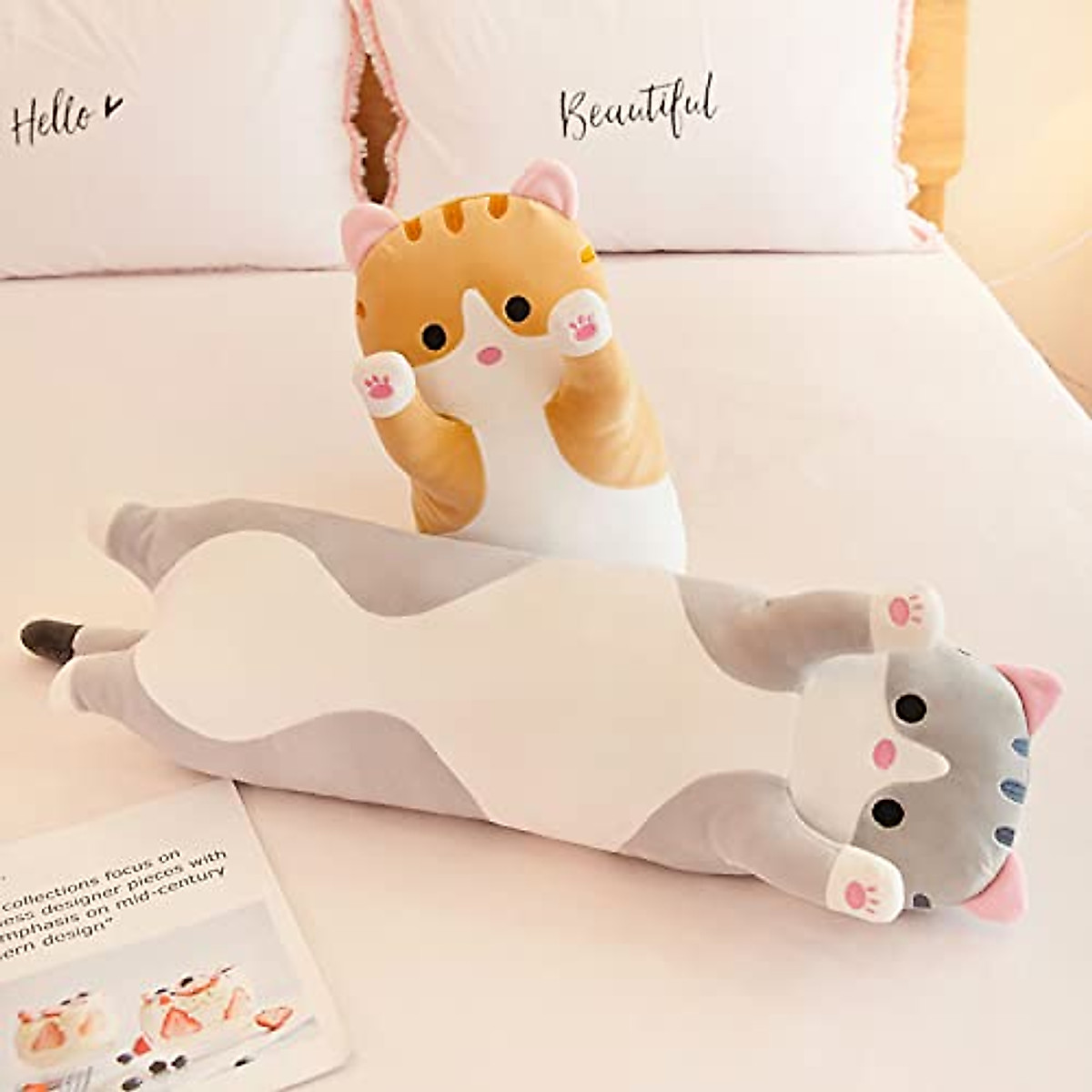 Handytoolinc Cat Soft Pillow Plush Long Throw Sleeping Pillow Cotton Kitten Pillow Cuddly Stuffed Cute Plush Doll Toy Gift for Kids Girlfriend (19.7 inch/50 cm, Grey)