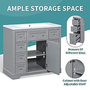Entcook 36" Bathroom Vanity with Top and Sink, Bathroom Sink Vanity Set with 1 Cabinet 6 Drawers, Solid Wood and MDF Board, Bathroom Sink and Vanity Combo Set for Bathroom Grey