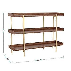 Martha Stewart Emmett 3 Shelf Storage Display Unit Bookcase with Metal, Set of 1, Walnut Wood Grain/Polished Brass Frame