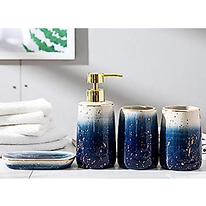 Ceramic Bathroom Accessories Set of 4 Gradient Blue Washing Set 2 Gargle Cups,1 Soap Dishes,1 Lotion Dispenser Ideas Home Gift for Ware Home Decor