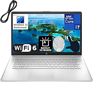 HP 17 17.3" Touch HD+ Business Laptop Computer, 13th Gen Intel 10-Core i7-1355U, 64GB DDR4 RAM, 2TB PCIe SSD, WiFi 6, Backlit KB, Fingerprint Reader, Silver, Windows 11 Pro, BROAG Cable