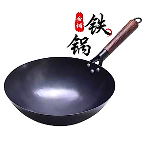 SERENITA Chinese 100% Hand Hammered Iron Woks Stir Fry Pans, Non-stick, No Coating, Less Oil, 34CM, Black Seasoned Wooden handle