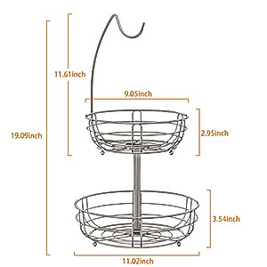 Bextcok 2 Tier Fruit Basket, Vegetables Fruit Bowl Storage with Banana Holder Hanger Hook Stand Organizer for Kitchen Countertop Counter (Double painted silver)
