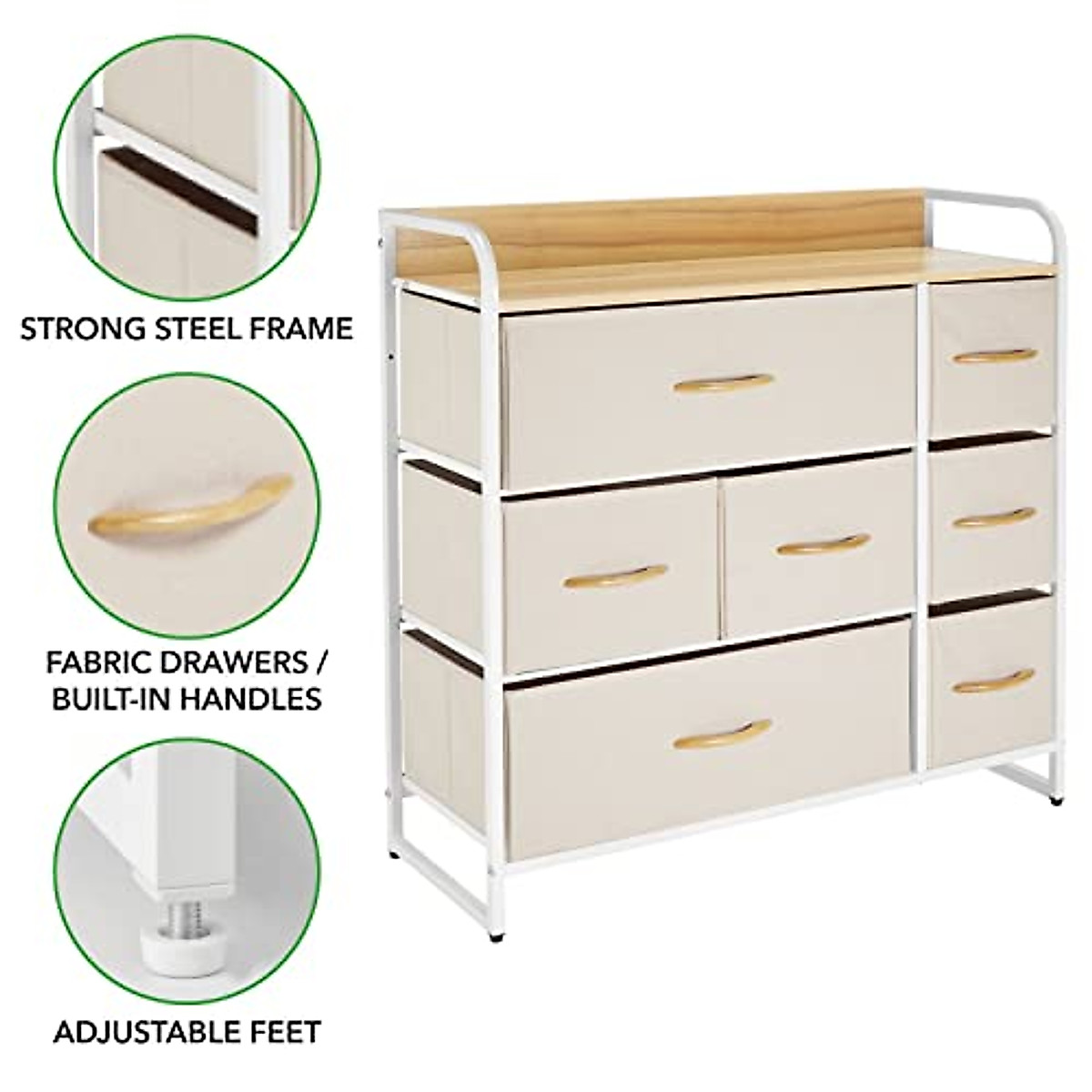 mDesign 30.9" High Steel Frame/Wood Top Storage Dresser Furniture Unit with 7 Removable Fabric Drawers - Large Bureau Organizer for Bedroom, Living Room, Closet - Cream/White