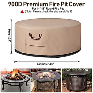 QH.HOME Fire Pit Cover 48 Inch Round - Heavy Duty 900D Strong Tear-Resistant and UV Resistant and Waterproof and Fading Resistant Material Polyester Firepit Covers Round for Outdoor Fire Pit - Wheat