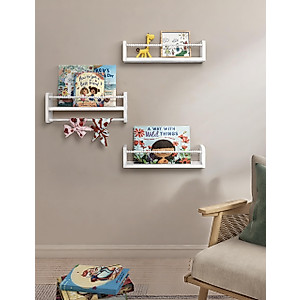 Maxpeuvon Nursery Bookshelves Set of 3, Natural Wood Nursery Floating Shelves Wall Mount Storage Shelf with Towel Bar Hainging Bookshelf for Kids Room Bedroom Nursery Decor