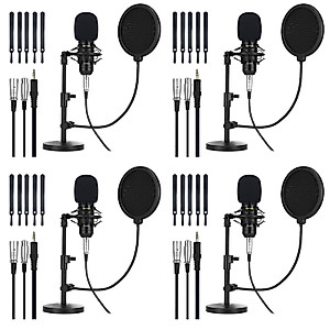 4 Pack XLR Condenser Microphone Professional Studio Cardioid Microphone Kit Includes Cardioid Mics Shock Stand Windproof Cotton Blowout Net Metal Stand Male Female Cable for Podcasting Recording