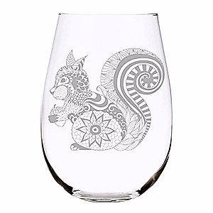 C & M Personal Gifts Stemless Wine Glass – Distinctive Mandala Squirrel Engraved Cocktail Glass Made from Lead-Free Crystal for Men and Women – Ideal for Squirrel Lovers – 17 Oz (S1)