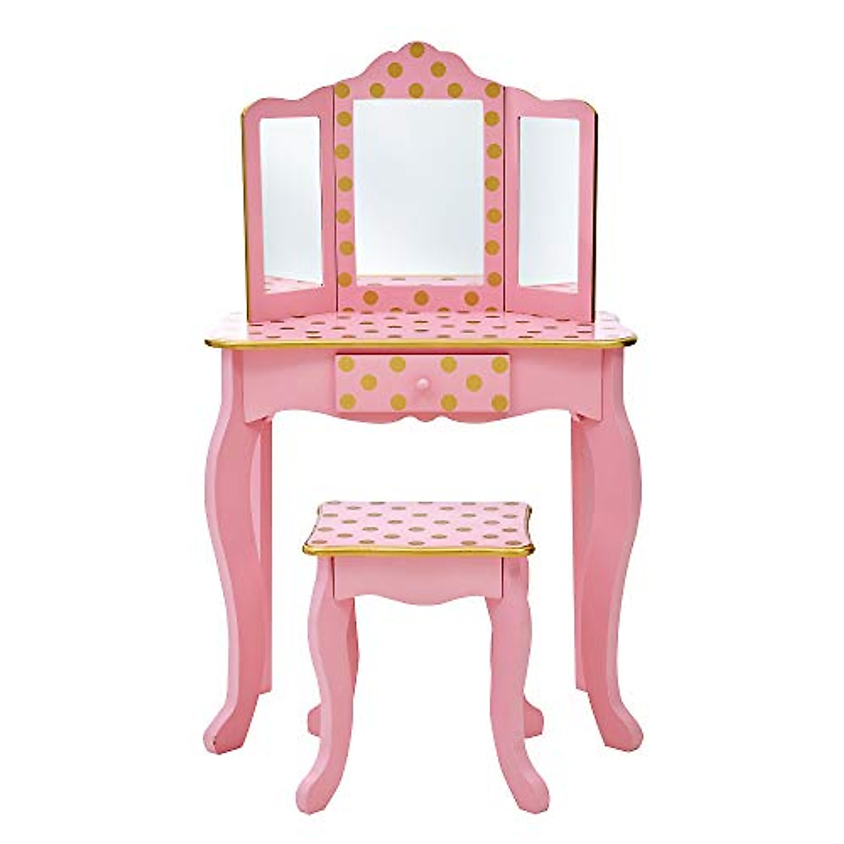 Teamson Kids Pretend Play Kids Vanity, Table & Chair Vanity Set with Mirror, Girls Makeup Dressing Table with Storage Drawer & Polka Dot Print, Gisele Collection, Pink/Gold
