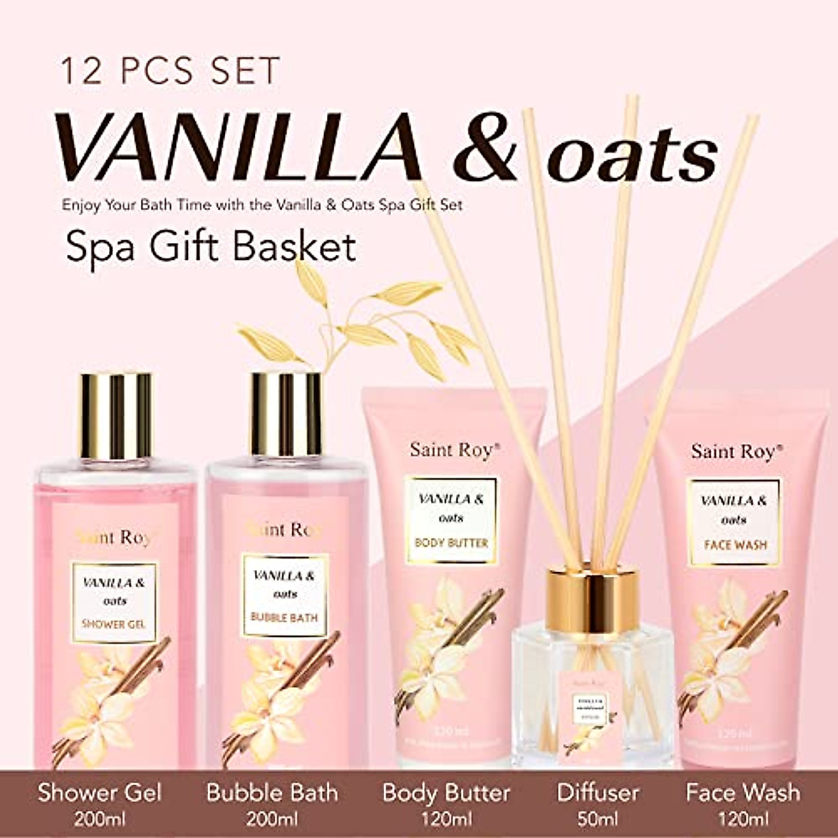 Spa Gift Basket Vanilla Oat 14 Pcs Bath Scents for Women,Bath Gift Set Enriched Shea Butter. Home Spa with Shower Gel, Body Oil, Diffuser, Shower Steamer & More for Mom