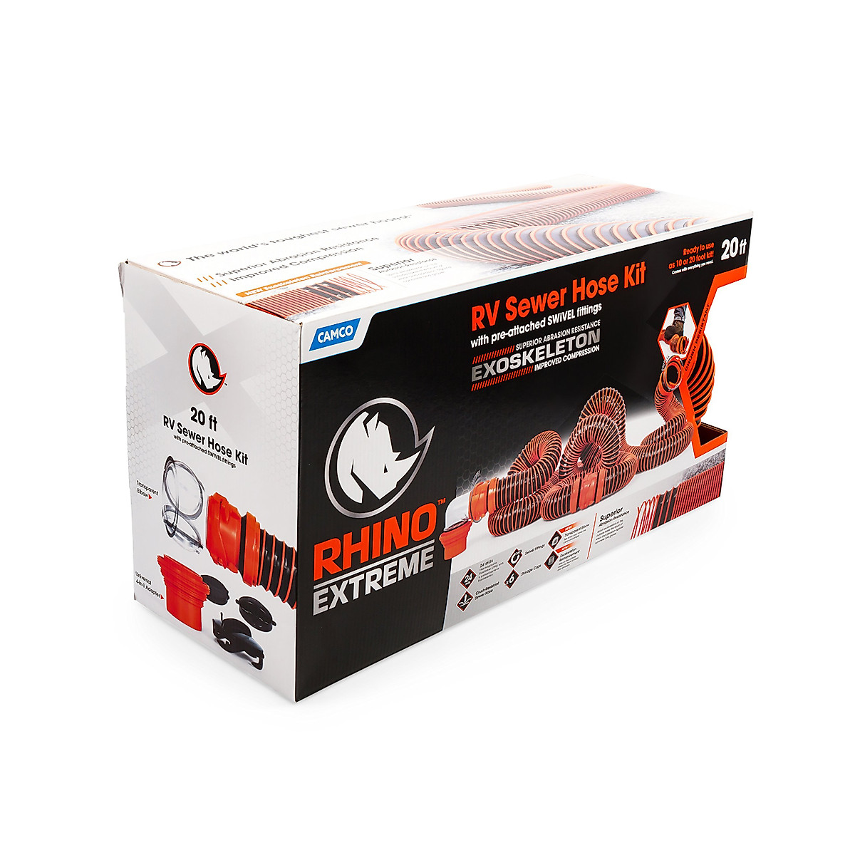 Camco RhinoEXTREME 20-Foot Camper/RV Sewer Hose Kit | Features TPE Technology for Abrasion Resistance and Crush Protection | Includes Pre-Attached Rhino Swivel Fittings (39867)