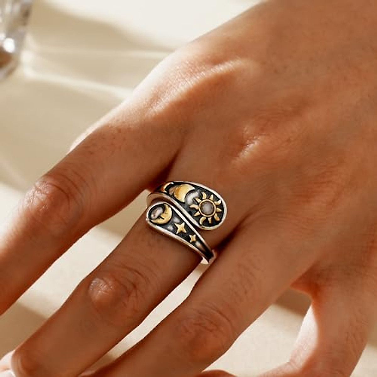 Sun and Moon Star Spoon Rings for Women 925 Sterling Silver Adjustable Thumb Spoon Rings Engagement Statement Boho Vintage Finger Open Spoon Rings Jewelry Gifts