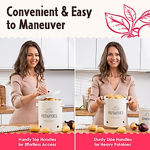 noonberry Potato, Onion & Garlic Storage Bin Set, 3 Metal Kitchen Containers with Ventilation Holes, Matte Alabaster White, Vintage Farmhouse Canisters