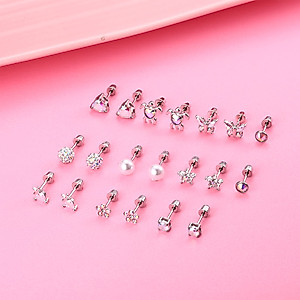 JOERICA 10 Pairs Screw Back Earrings for Women Surgical Steel Hypoallergenic Earrings Stud CZ Heart Flower Pearl Butterfly Turtle Screw on Earrings Pink CZ