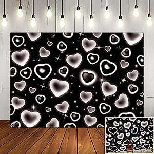 VOUORON 7x5ft Early 2000s Backdrop for Black Heart Party Photography Backdrops Glitter Heart Sweet 16 Happy Birthday Photo Background Wall Decor Valentines Day Photoshoot Banner