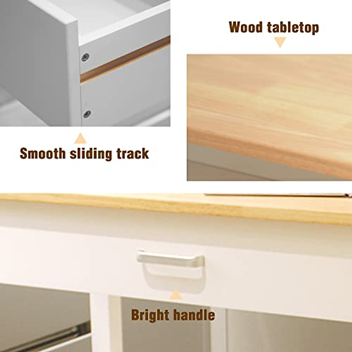 Unovivy Kitchen Island on Wheels, 3 Tier Kitchen Cart with Storage Drawer, 2 Shelves & Towel Rack, Rolling Kitchen Island with Wood Tabletop, Simple Design Mobile Island Table for Kitchen, White