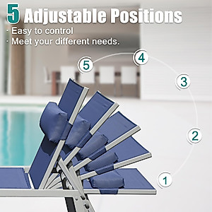 Domi Outdoor Lounge Chairs Set of 3, Upgraded Aluminum Chaise Lounge Chair W/ 5 Adjustable Positions, Patio Lounge Chair for Pool, Deck, Lawn, 2 Pool Chairs and 1 Side Table, Navy Blue