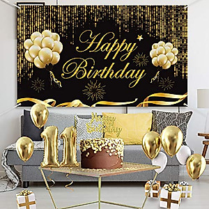 6 x 3.6ft Happy Birthday Party Backdrop Banner, Large Fabric Washable Glitter Sign Poster Background for 30th 40th 50th 60th 70th 80th Birthday Party Supplies Decorations (Black Gold)