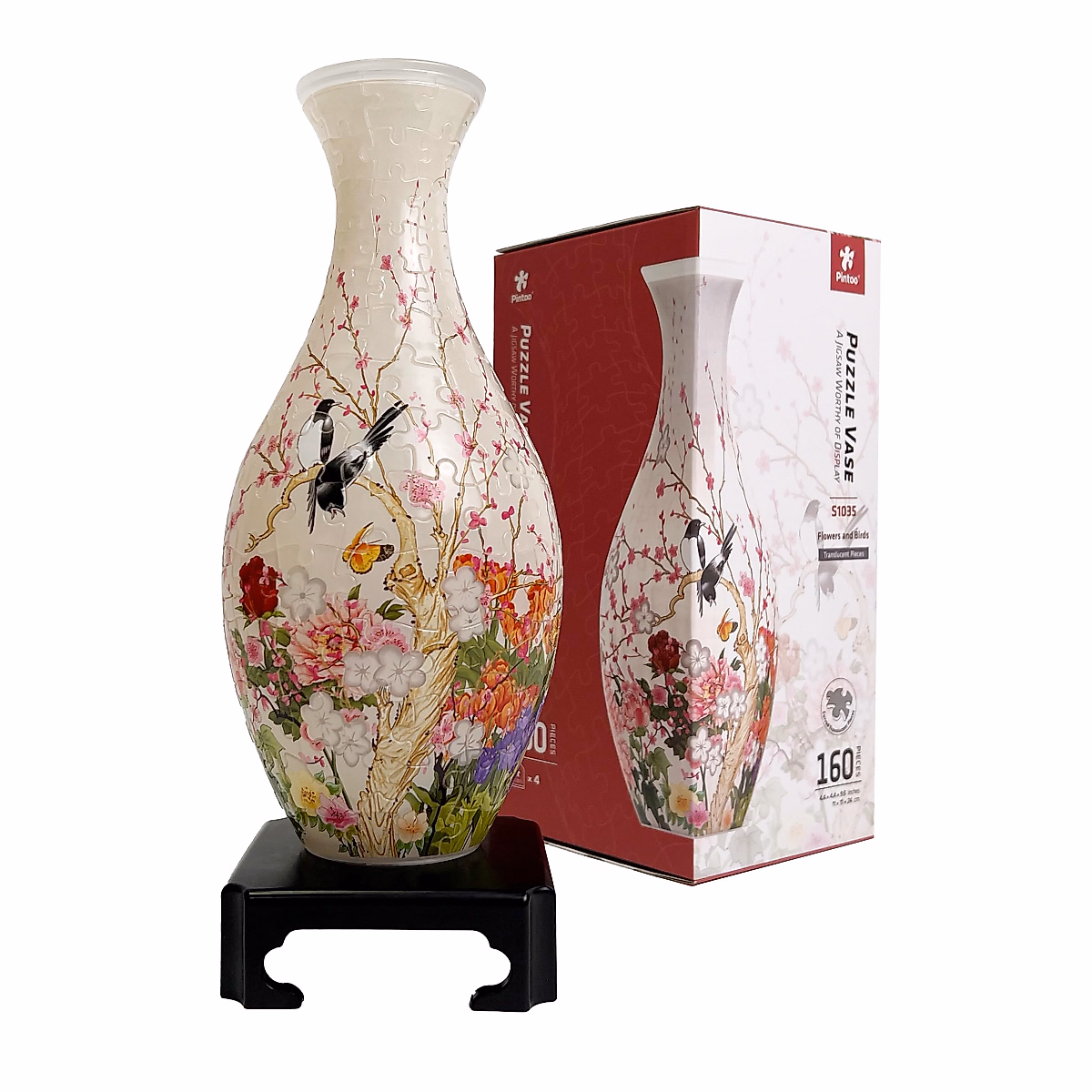 Pintoo 3D Puzzle Vase Unique Flower Vase Made by 160 Curved Plastic Puzzle Pieces House Warming Gift for Flower Arrangements and Home Decoration - [S1035] (Translucent, Flowers and Birds)