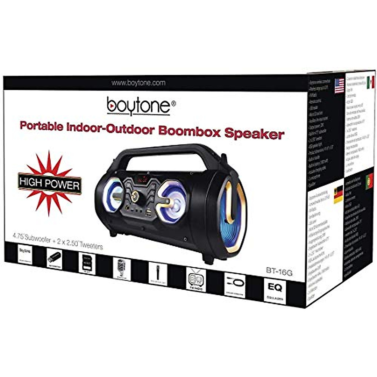 Boytone BT-16G Portable Bluetooth Boombox Speaker, Indoor/Outdoor, 25W, Loud Sound, Deeper Bass, EQ, 5" Subwoofer, 2 x 3 Tweeter, FM, 9H Playtime, USB, Micro SD, AUX, Microphone, Recording, LED Light