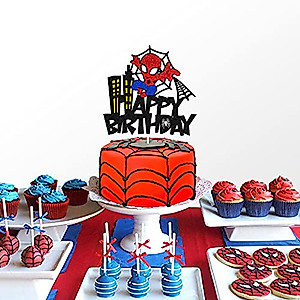 Spider Birthday Cake Topper Spider Cartoon Movie Themed Happy Birthday Cake Decorations for Men Boy Children Bday Party Supplies Double Sided Glitter Black Décor