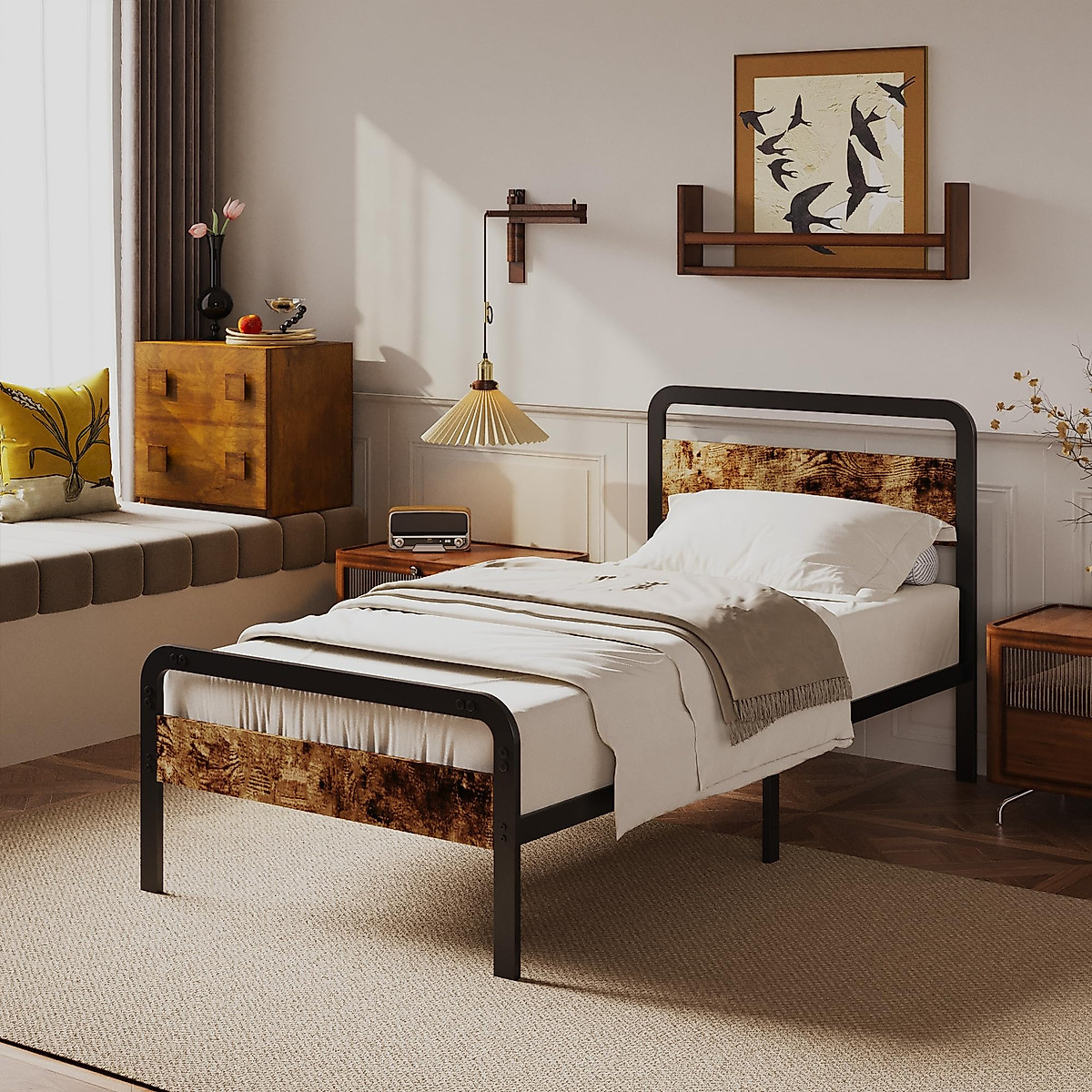 Upcanso 12 Inch Twin XL Bed Frame with Wood Headboard and Footboard, Platform Twin XL Bed Frames No Box Spring Needed with Heavy Duty Slats for Kids, Easy Assembly