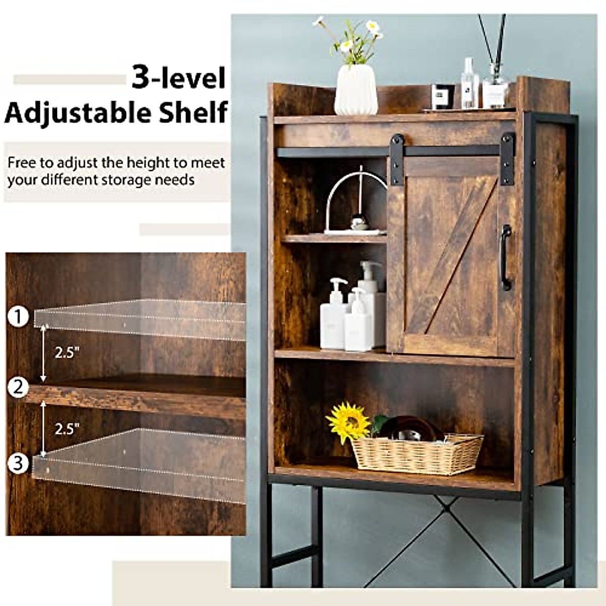 Tangkula Over-The-Toilet Storage Cabinet, Freestanding 4-Tier Bathroom Organizer Rack w/Adjustable Shelf & Sliding Barn Door, Multifunctional Bathroom Space Saver, 25 x 9.5 x 67.5 in (Rustic Brown)