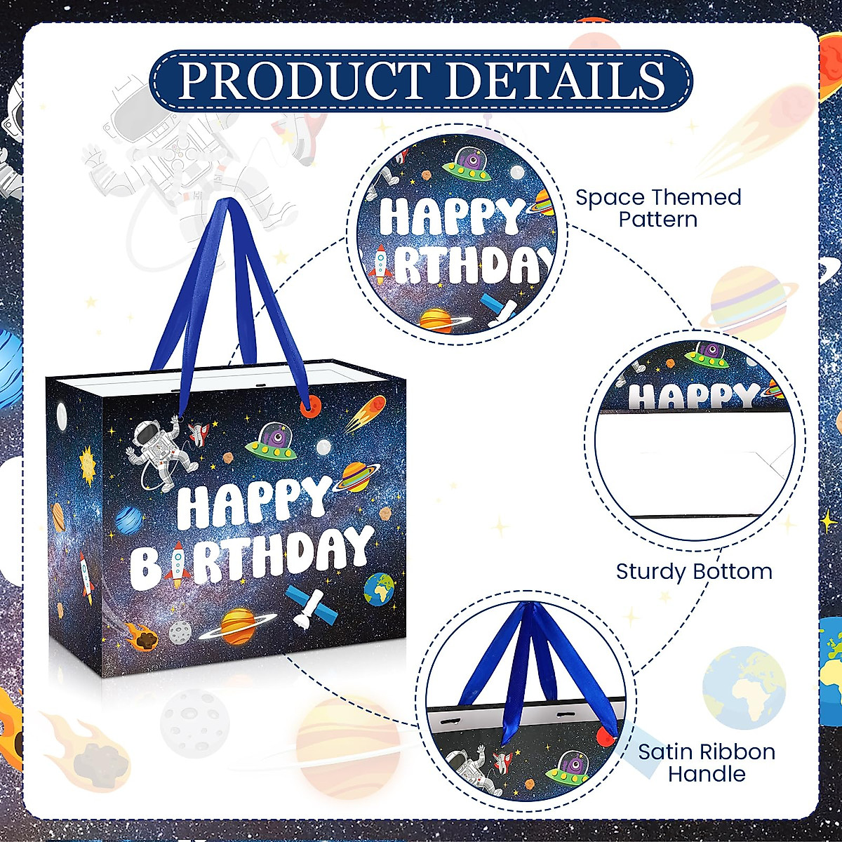 Outer Space Birthday Gift Bag for Kids, Blue Gift Bag with Card Tissue Paper Rocket Planet Gift Bag Birthday Wrapping Paper Bags Outer Space Party Gift Bag Decorations for Boys Girls Birthday Party