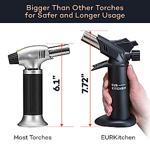 EurKitchen Large Culinary Butane Torch with Safety Lock, Adjustable Flame, Finger Guard- Refillable Kitchen Blow Torch Lighter for Creme Brulee, BBQ, Baking, Soldering, Crafts- Butane Gas Not Included