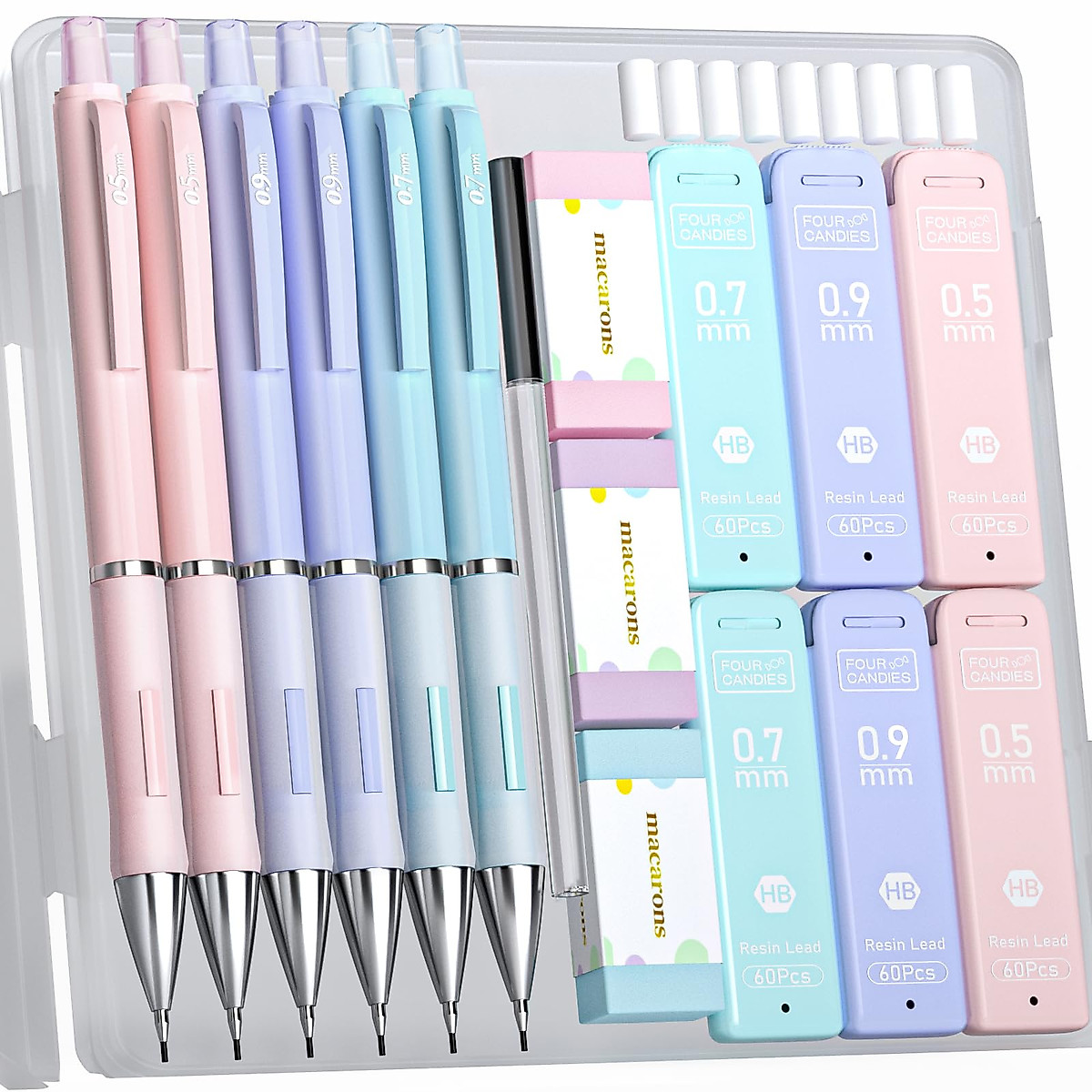 Four Candies Cute Mechanical Pencil Set 0.5 mm & 0.7mm & 0.9mm, with HB #2 Lead Refills, Pastel Erasers & Eraser Refills, 16-Count Pack, Aesthetic School Supplies for Writing, Drawing and Sketching