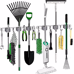 2 Packs Broom and Mop Holder Wall Mounted Garage Organizer Storage Tool Racks Heavy Duty Stainless Steel Mop Holder 4 Hooks 3 Clips, Holds up to 14 Tools for Laundry Room Garden Garage Closet Kitchen