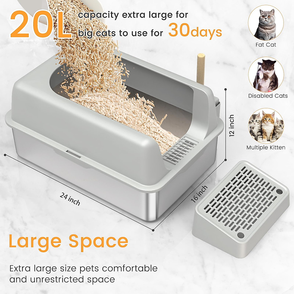 Zapstarz Stainless Steel Cat Litter Box, Enclosed Metal Litter Box with Lid, XL Extra Large Cat Litter Box for Big Cats, Non-Sticky High Side Kitty Litter Box, Anti-Leakage, Easy Cleaning (Light Grey)