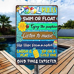 Pool Rules Swim Or Float Enjoy The Sunshine Funny Metal Tin Sign 12x16 Inch for Home Swimming Pool River Beach Farmhouse Garden Outdoor Funny Wall Decor