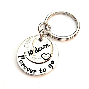 10 Down and Forever To Go 10th Year Anniversary Gift Key Chain with a 2014 Dime and Silver Aluminum Charm