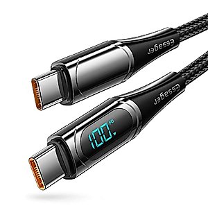 ESSAGER 100W USB C to USB C Cable with Display, 6.6ft 5A PD QC 5.0 Type C to Type C Cable Super Fast Charging USB C Cable(6.6ft, Black, 1 Pack)