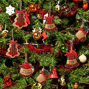 24 Pcs Burlap Christmas Ornaments 2022 Set Mini Stockings Funny Christmas Tree Ornaments Rustic Christmas Decorations Red Plaid Tartan Hanging Decoration Stocking Ball Tree Bell, 8 Styles (Rustic)