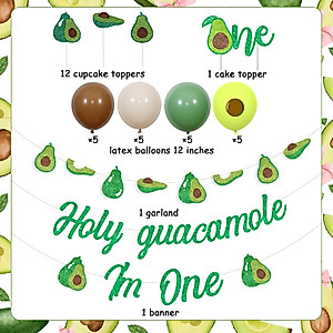 Sursurprise Avocado 1st Birthday Decorations, Holy Guacamole I’m One First Birthday Banners, Fiesta Avocado Fruit Cake Cupcake Toppers Balloons, Cinco De Mayo One Year Old Bday Party Decor Supplies