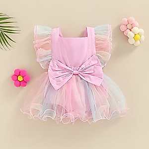Mubineo Baby Girl Ruffle Rainbow Tulle Tutu Bowknot Princess Romper Dress (Pink, 18-24 Months)