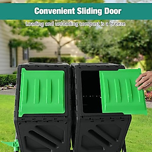 TRY & DO Outdoor Dual Chamber Compost Tumbler – Large Garden Tumbling Composter with 2 Sliding Doors and Lockable Brake - Rotating Compost Bin - 34.4 Gallon (2-17.2 Gal)