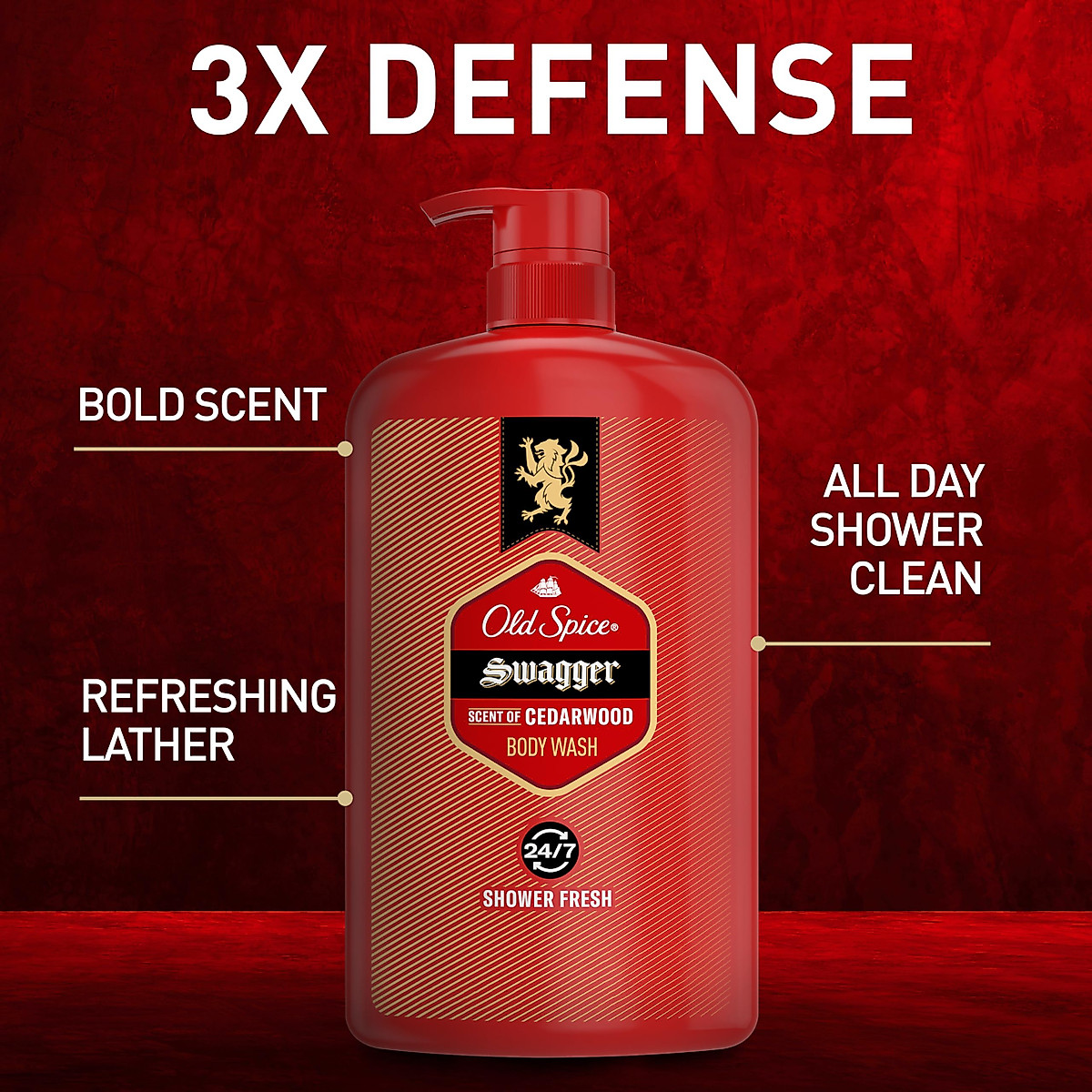 Old Spice Body Wash for Men, 24/7 Shower Fresh with Lasting Scent, Red Collection, Swagger with Cedarwood Scent, 33.4 fl oz (Pack of 4)