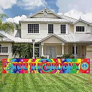 60s Themed Party Banner Decorations, 1960s Groovy Sign Peace and Love Birthday Party Decor Yard Sign Supplies, Colorful 60's Hippie Theme Retro Flower Peace Sign Outdoor Party Decorations