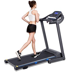 GYMAX Folding Treadmill, Electric Motorized Running Walking Machine with Heart Rate Sensor & LED Touch Display, 2.25HP Silent Treadmill for Home/Gym (Black+Blue)